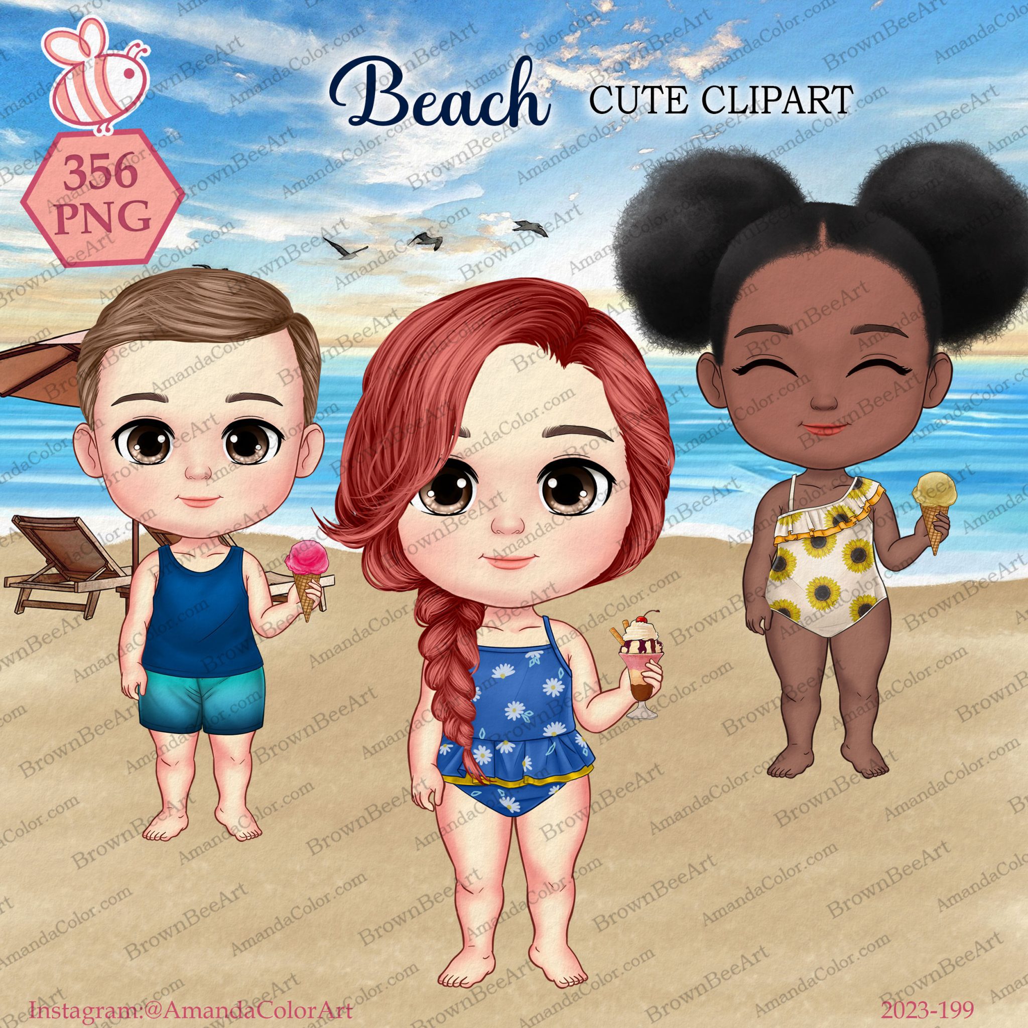 Beach Kids clipart, Chibi clipart - AmandaColor